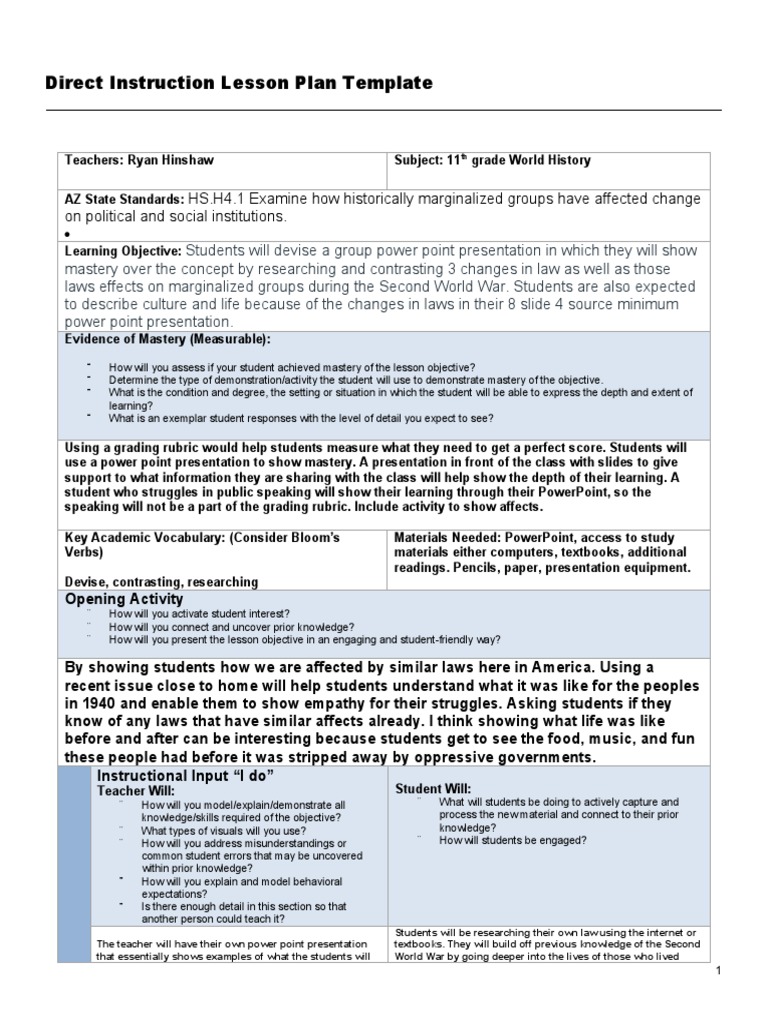 Direct Instruction Lesson Plan Template-Week 6 | PDF | Teachers ...