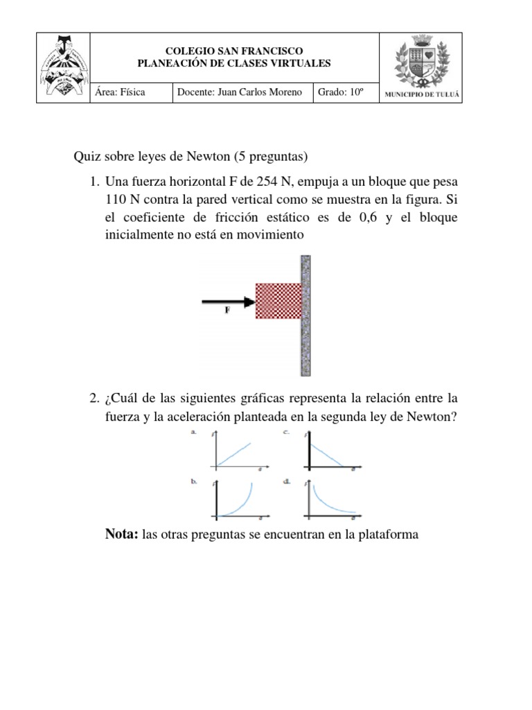 Hoja De Trabajo Con Problemas Sobre La Segunda Ley Del Movimiento De Newton