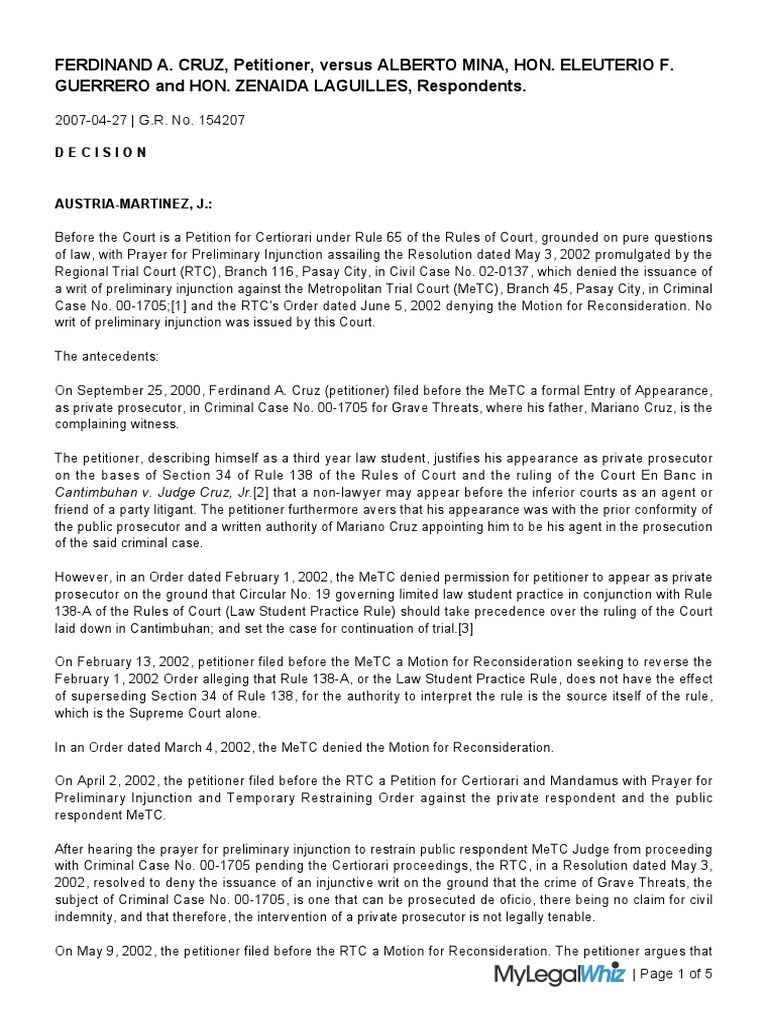 Ferdinand A. Cruz, Petitioner, Versus Alberto Mina, Hon. Eleuterio F ...