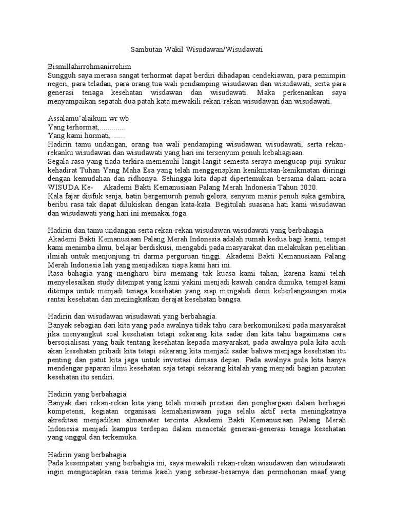 Contoh Sambutan Wakil Wisudawan | PDF Contoh Sambutan Wakil Wisudawan | PDF