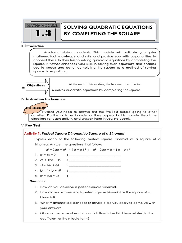 Solving Quadratic Equations by Completing The Square: Objectives | PDF ...