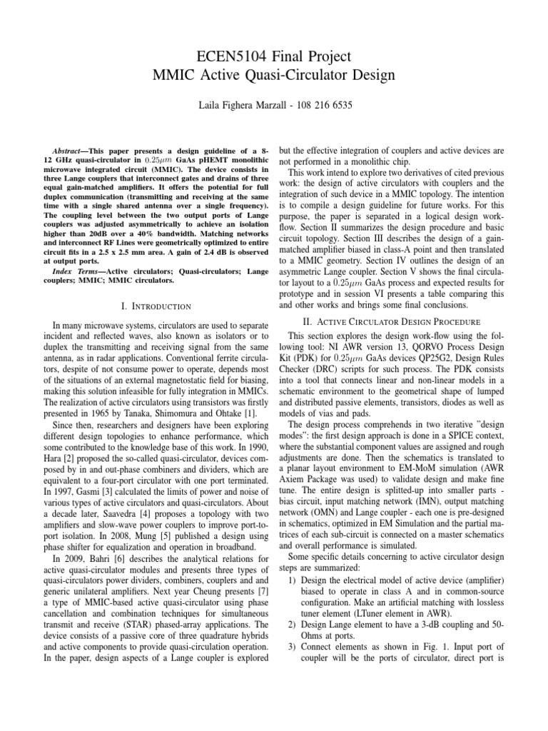 ECEN5104 Final Project MMIC Active Quasi-Circulator Design: Laila ...