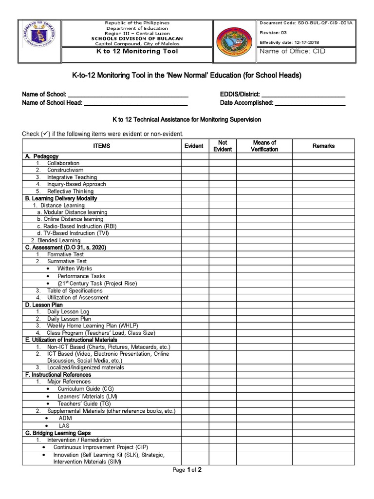 K-To-12 Monitoring Tool in The New Normal' Education (For School Heads ...
