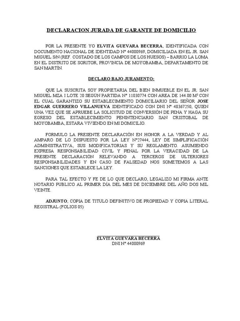 Declaracion Jurada de Garante Domiciliaria | PDF