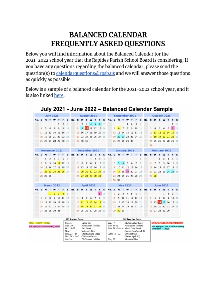 Rapides Parish School Board Balanced Calendar FAQ | Download Free PDF ...