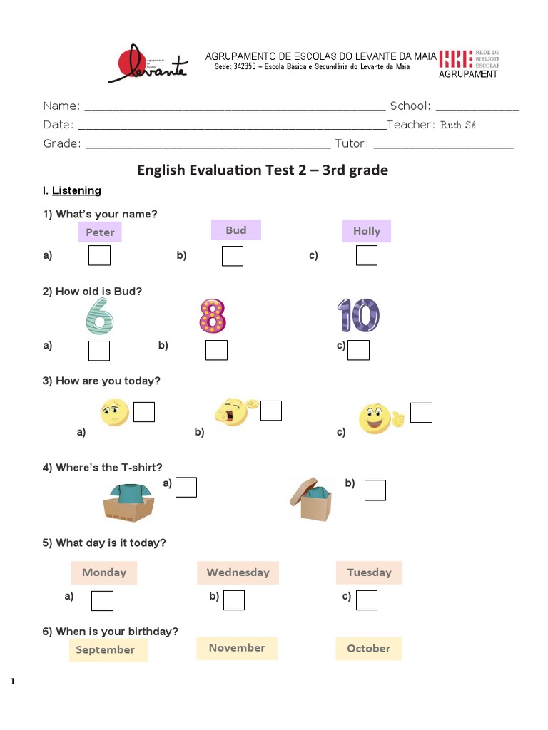 English Evaluation Test 2 - 3rd Grade: Holly Bud Peter | PDF