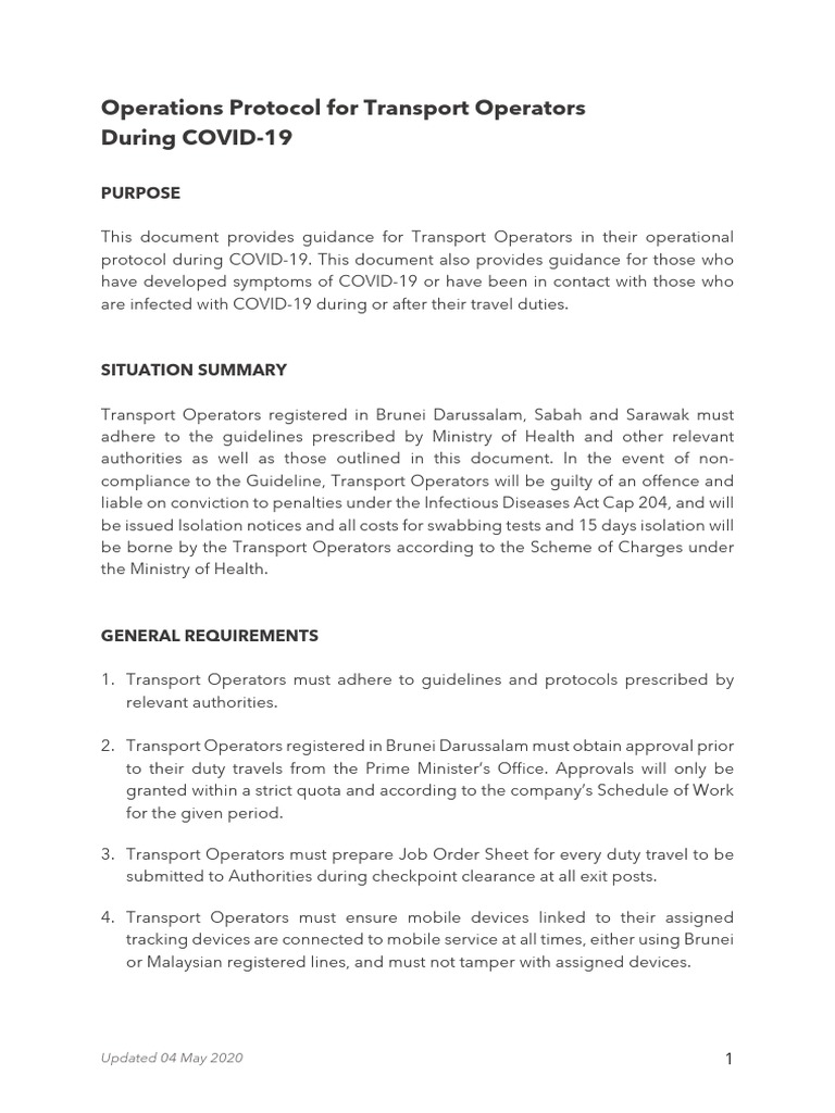 Operations Protocol For Transport Operators During COVID-19: Purpose ...