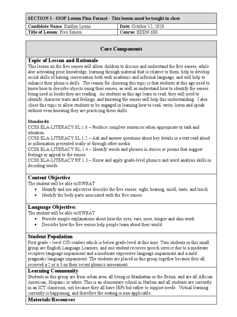Core Components Topic of Lesson and Rationale | PDF | Senses | Lesson Plan