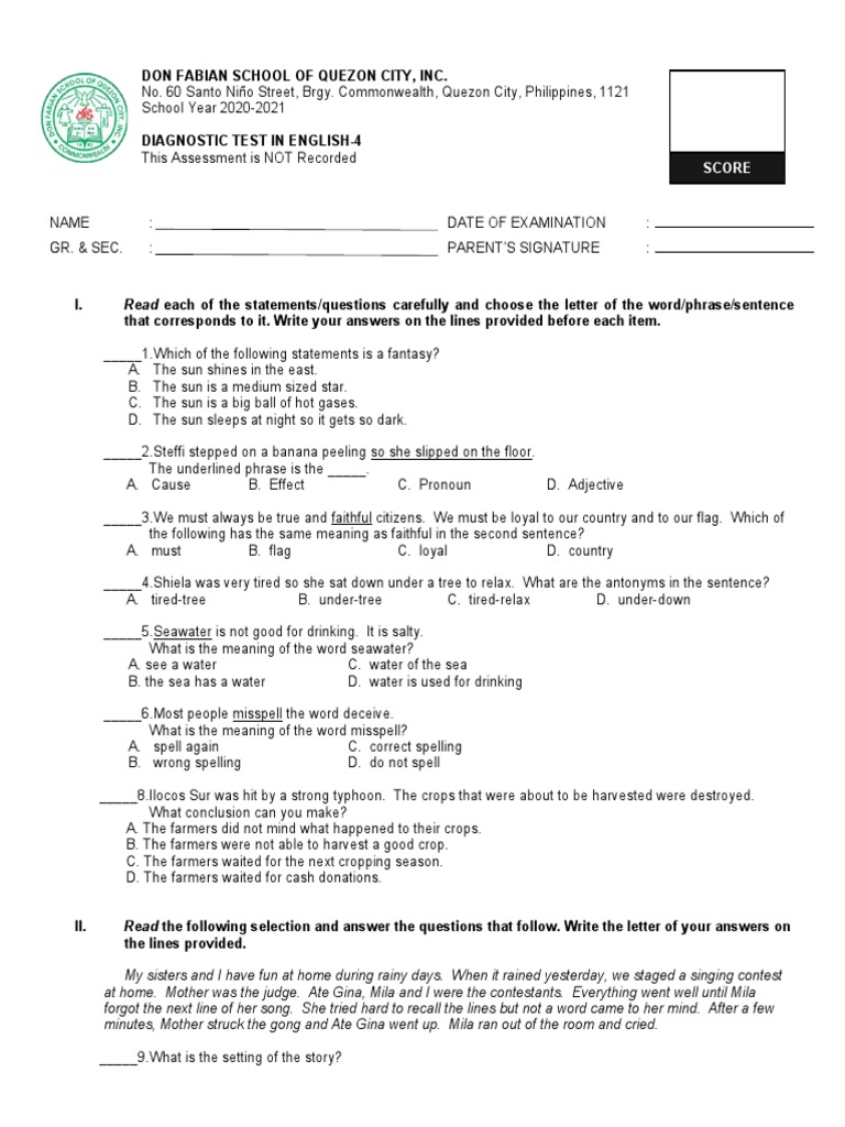 Grade 4 English Diagnostic Test 2021 | PDF | Noun | Semiotics