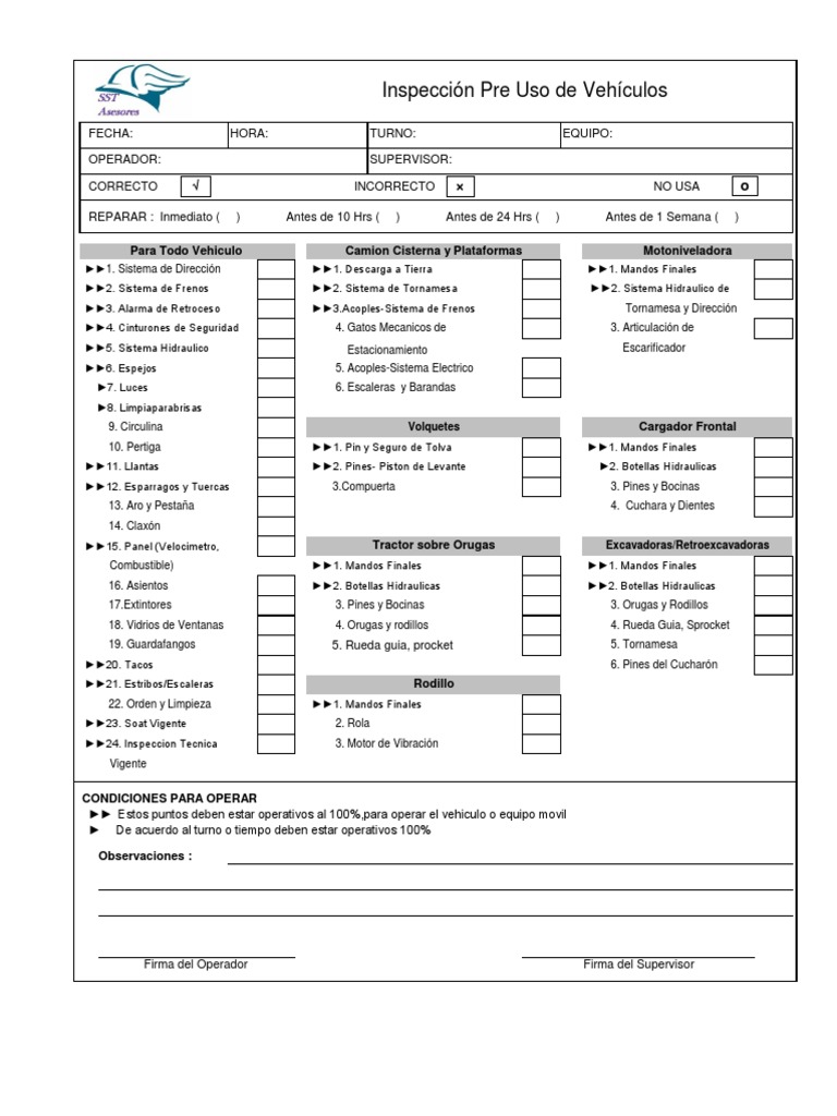 Formato Inspeccion de Pre Uso de Vehiculos PDF | PDF | Tecnología de vehículos | Vehículos ...