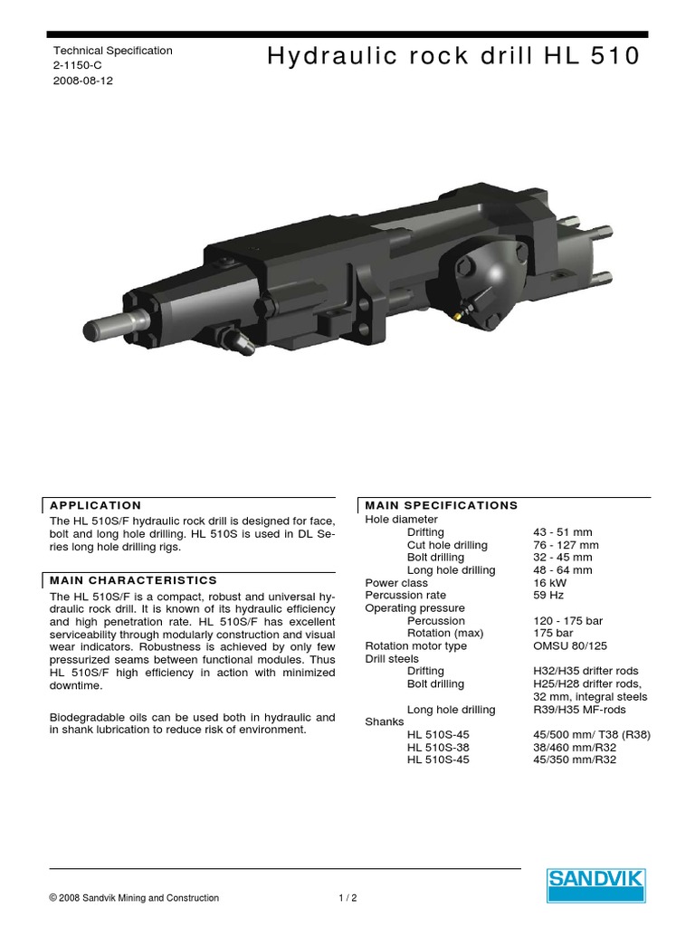 Hydraulic Rock Drill HL 510: Application Main Specifications | PDF ...