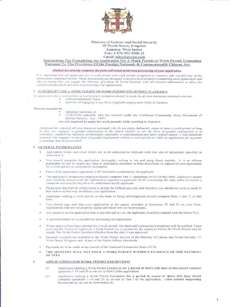 Work - Permit - Instruction For Jamaica | PDF
