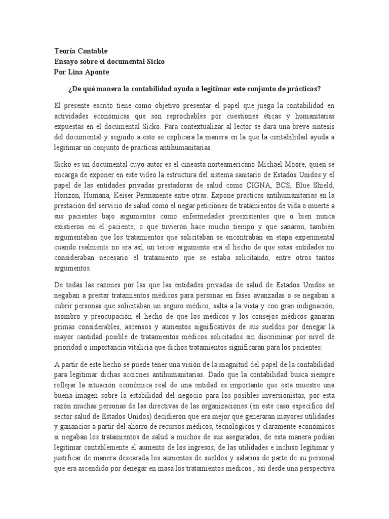Reseña Sobre El Documental SICKO. LINA APONTE | PDF | Ahorro | Contabilidad