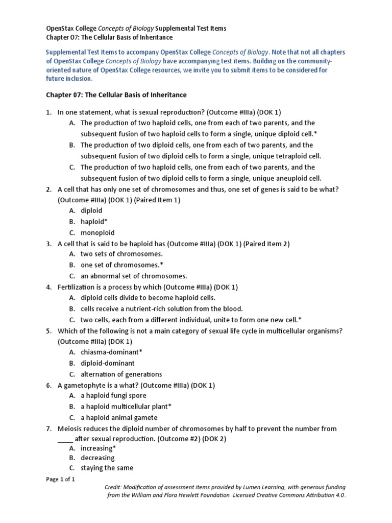 Cellular Basis of Inheritance Test Items | PDF | Ploidy | Sexual ...
