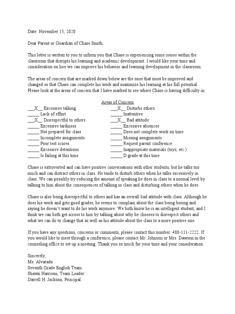 Letter of Academic Concern To Parent | PDF | Classroom | Learning