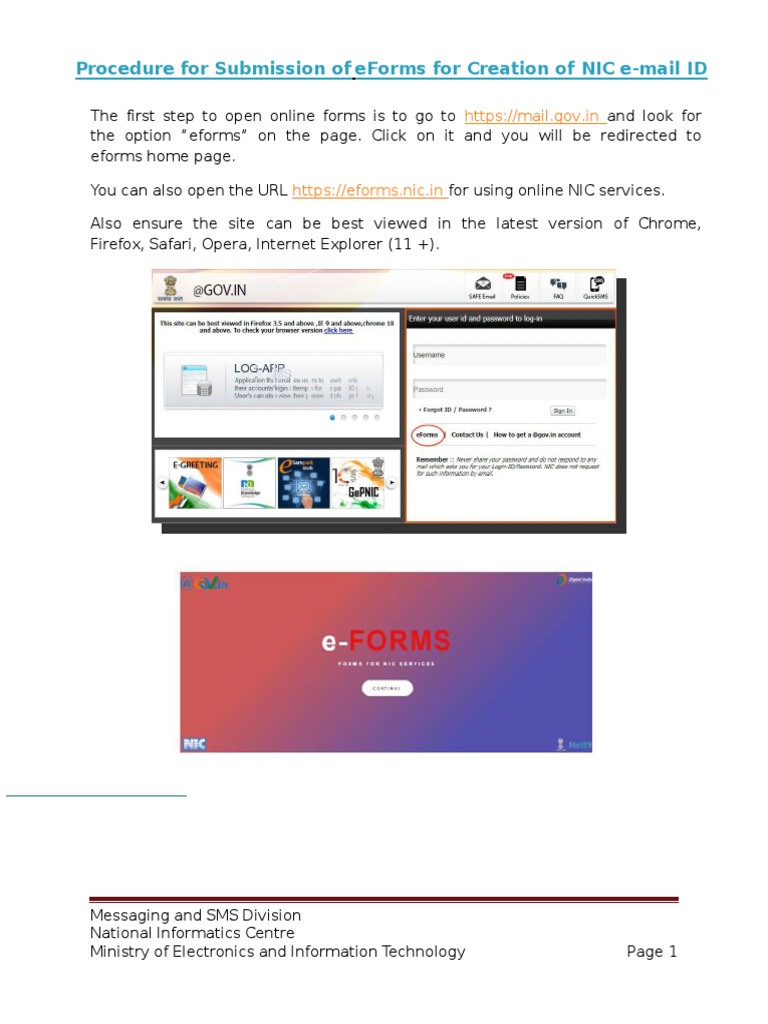Procedure For Submission of Eforms For Creation of NIC E-Mail ID | PDF ...