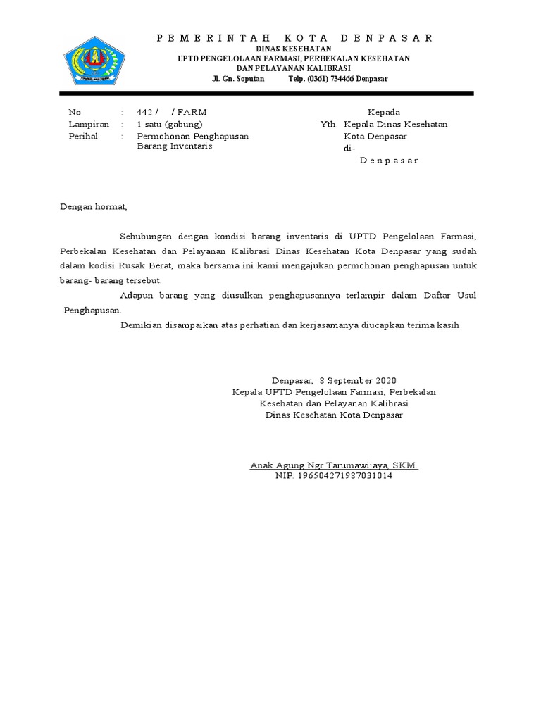 Surat Permohonan Penghapusan Barang Inventaris | PDF
