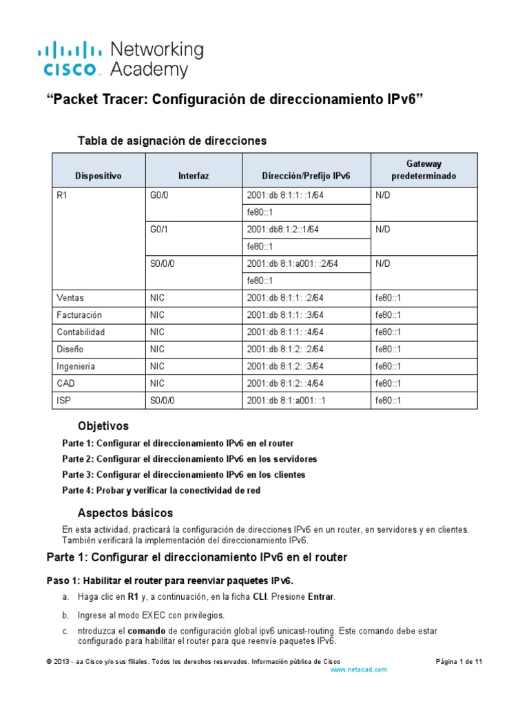 Configuración IPv6 en Packet Tracer | PDF | Enrutador (Computación) | Yo Pv6