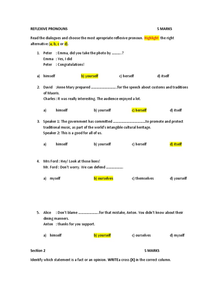 Reflexive Pronouns 5 Marks: Highlight | PDF