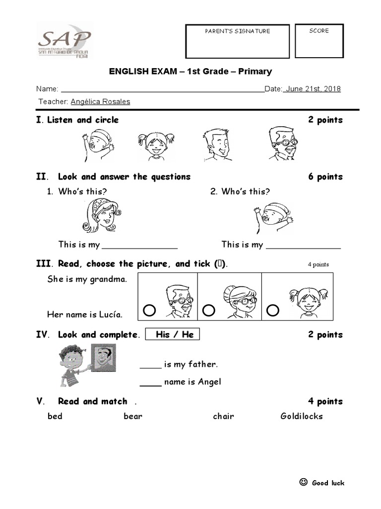 English Exam - 1 Prim - Unit 3 | PDF