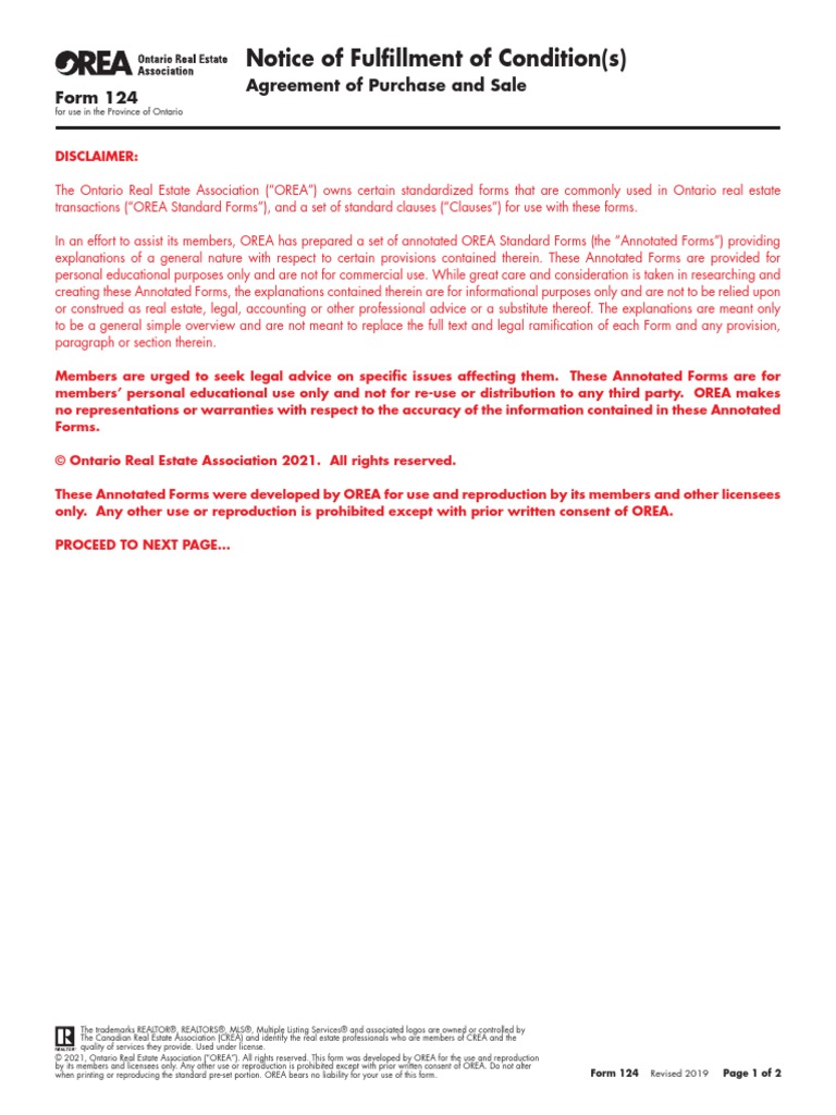 Notice of Fulfillment of Condition(s) : Agreement of Purchase and Sale ...