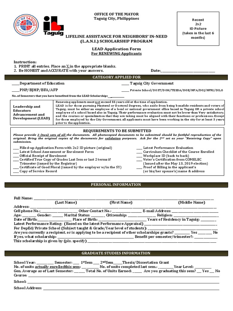 Lifeline Assistance For Neighbors' In-Need (L.A.N.I.) Scholarship Program LEAD Application Form ...