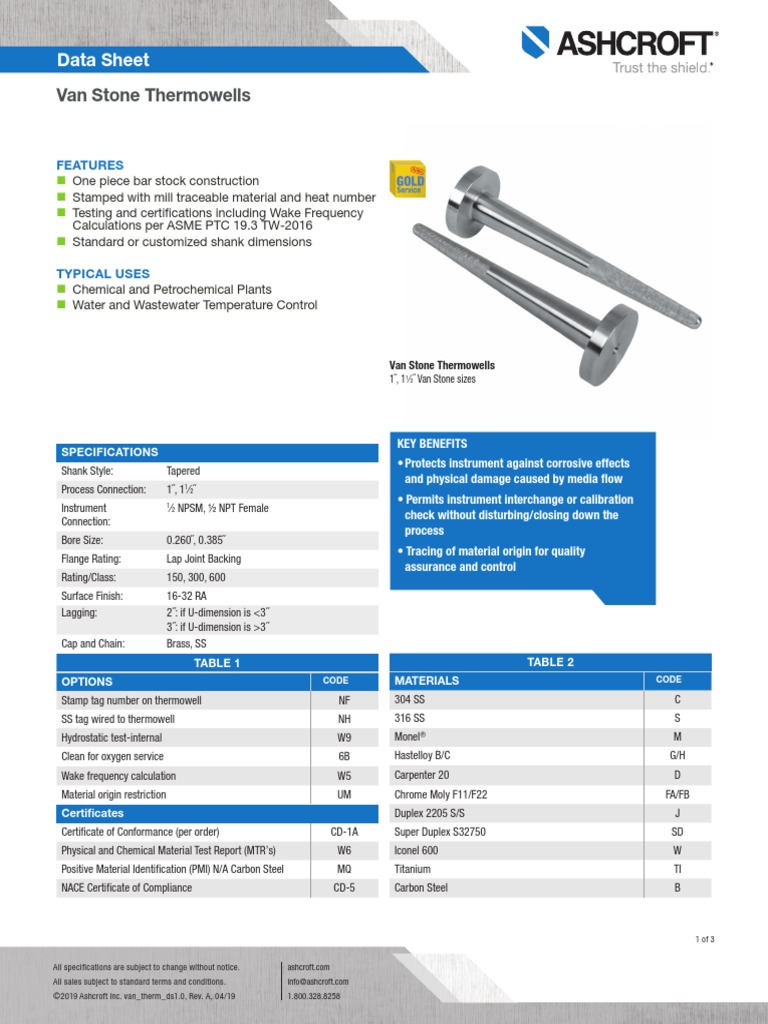 Van Stone Thermowells: Data Sheet | PDF | Materials | Building Materials