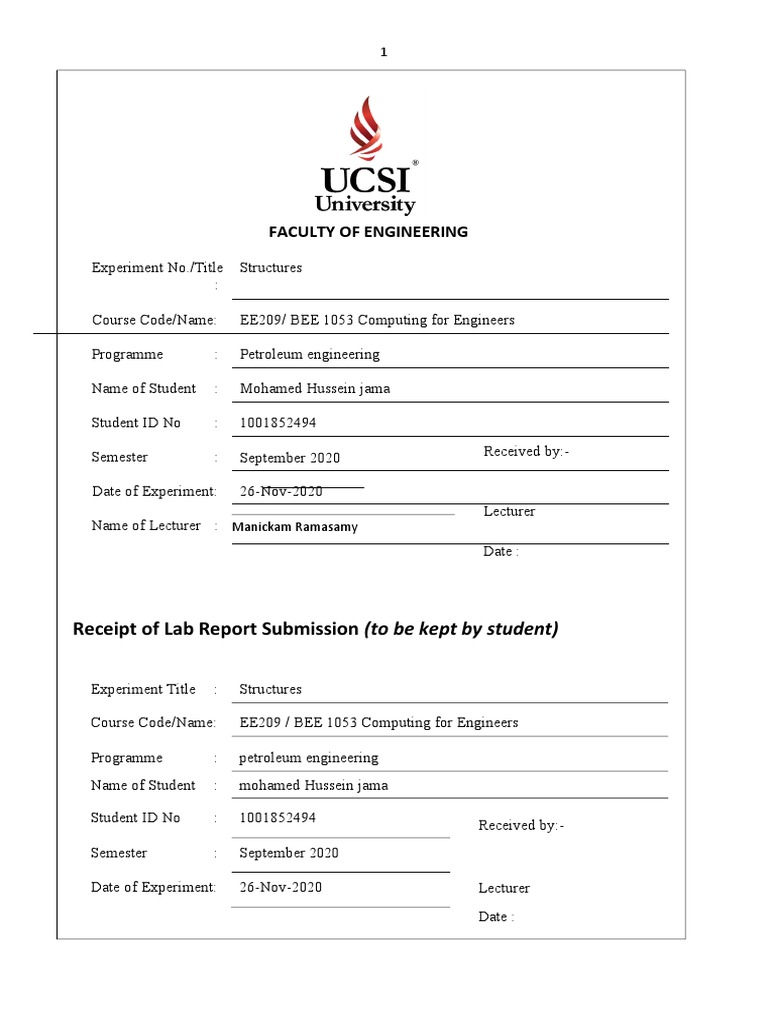 Faculty of Engineering: Receipt of Lab Report Submission (To Be Kept by Student) | Download Free ...