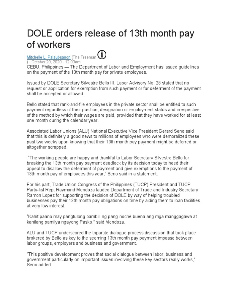 DOLE orders release of 13th month pay for private workers | PDF ...