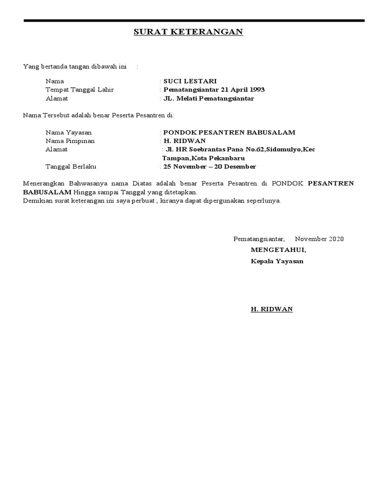 Surat Keterangan Pesantren | PDF