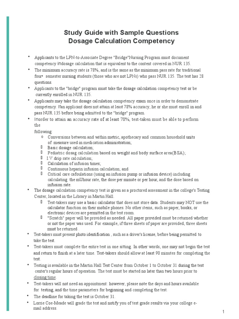 Dosage Calculation Competency: Study Guide With Sample Questions | PDF | Intravenous Therapy ...