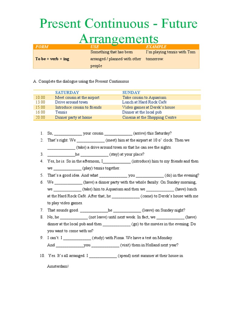 Present Continuous - Future Arrangements: Form USE Example | PDF