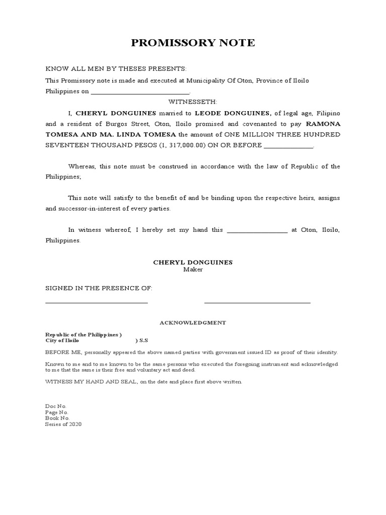 Promissory Note: Tomesa and Ma. Linda Tomesa The Amount of One Million ...