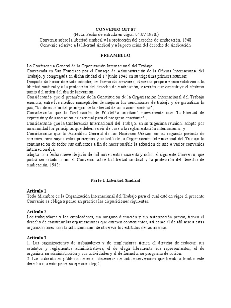 Convenio Oit 87 | PDF | Organización Internacional del Trabajo | Sindicato