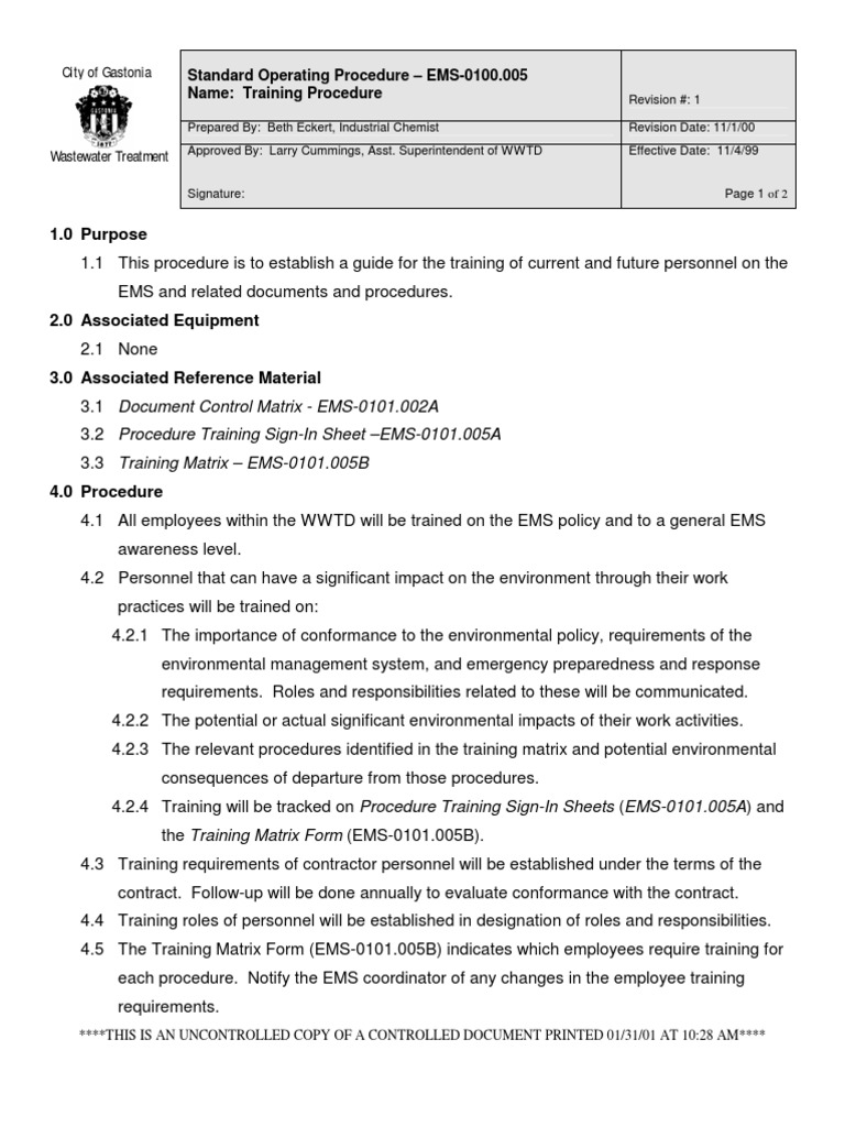 1.0 Purpose: Standard Operating Procedure - EMS-0100.005 Name: Training ...