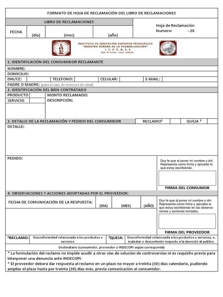 FORMATO_DE_HOJA_DE_RECLAMACIÓN_DEL_LIBRO_DE_RECLAMACIONES iepense | PDF