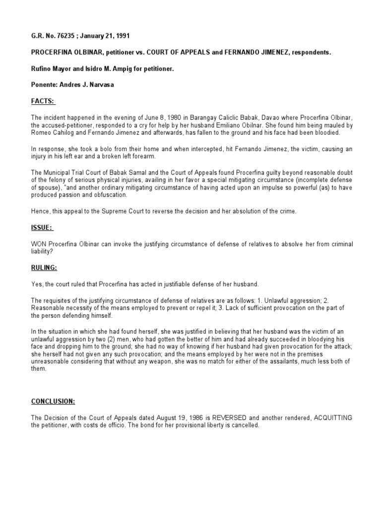 Supreme Court Ruling on Defense of Spouse | PDF | Assault | Mitigating ...