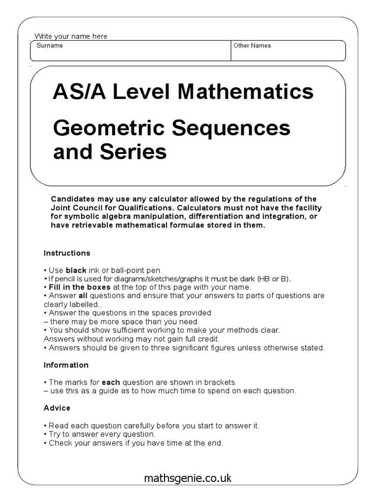 AS/A Level Mathematics Geometric Sequences and Series: Mathsgenie - Co ...