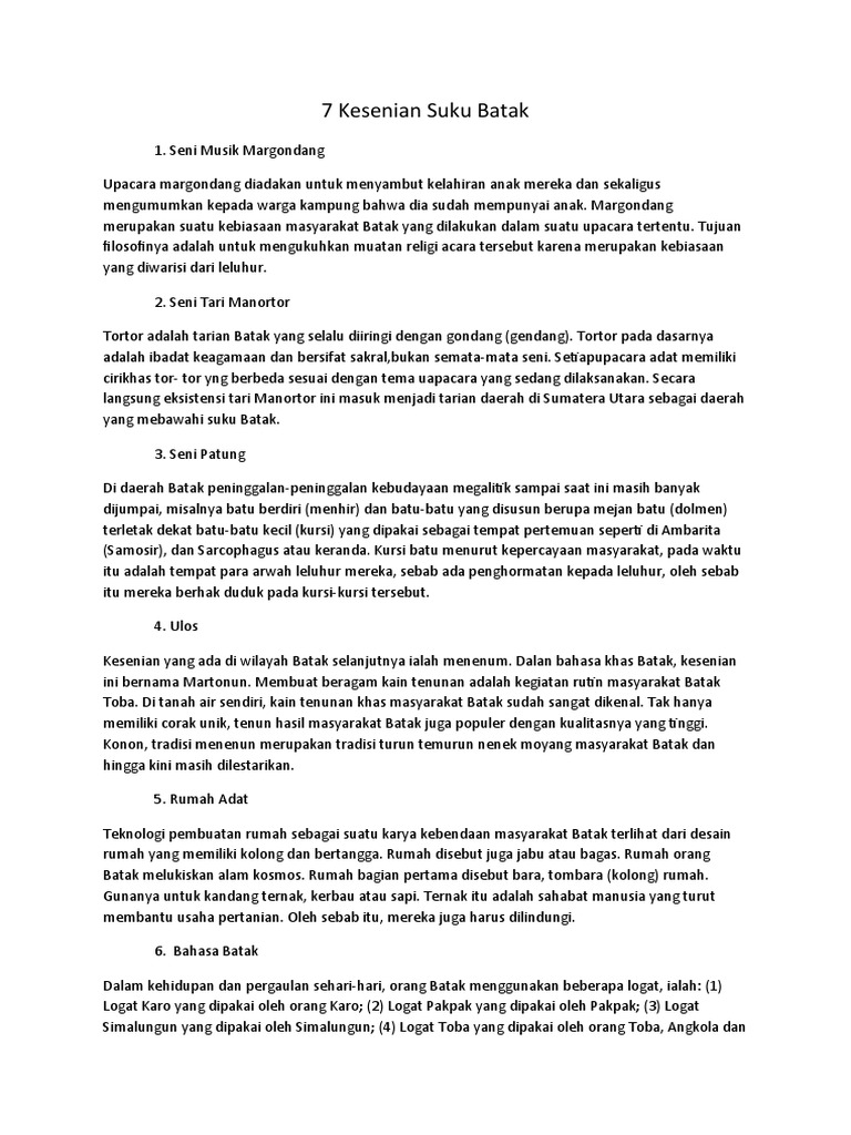 Kesenian Tradisional Suku Batak | PDF