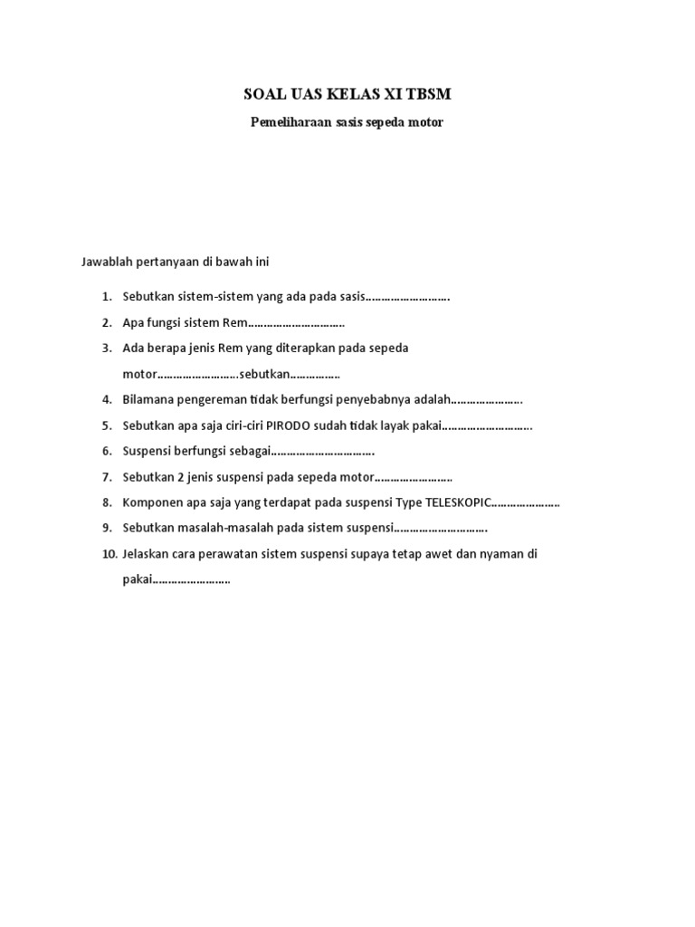 Soal Uas Kelas Xi TBSM Sasis | PDF