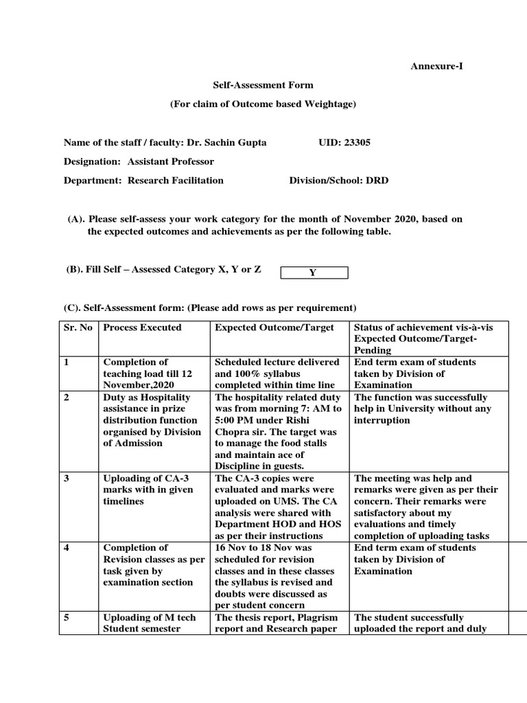 Annexure 1 (Self Assessment Form) | PDF | Evaluation | Learning