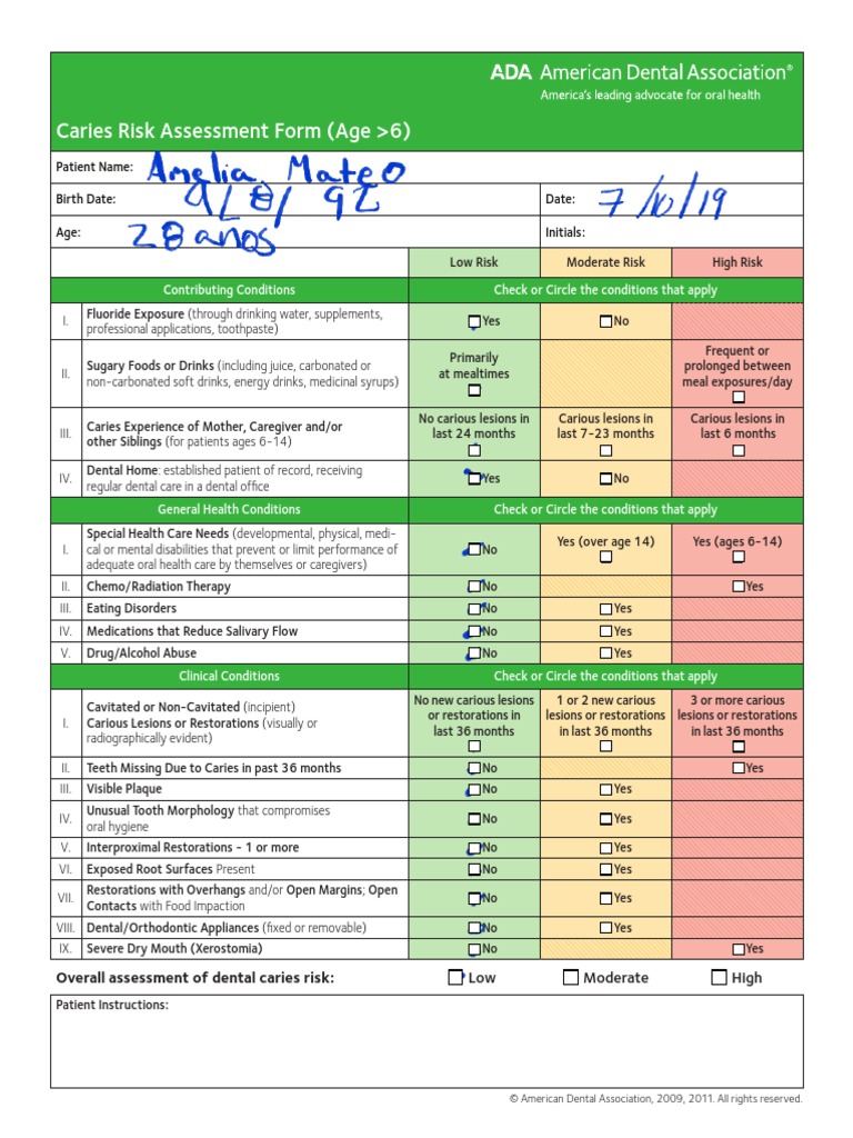 Caries Risk Assessment Form (Age 6) : Contributing Conditions Check or ...