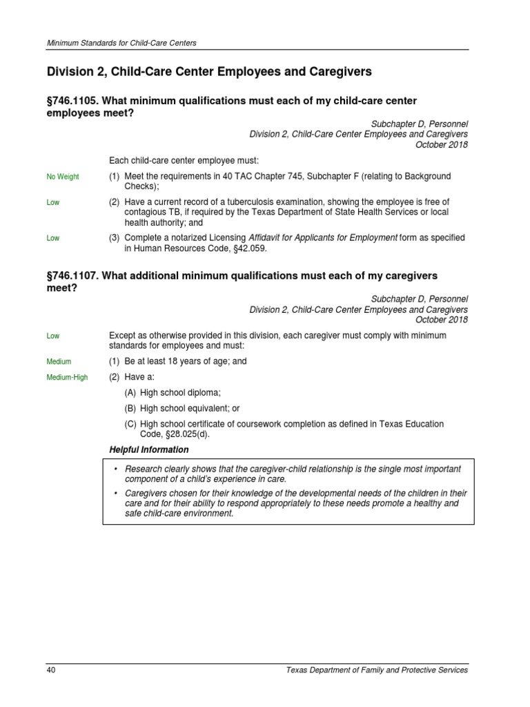 Texas Child-Care Center Employee Standards | PDF | Child Care ...