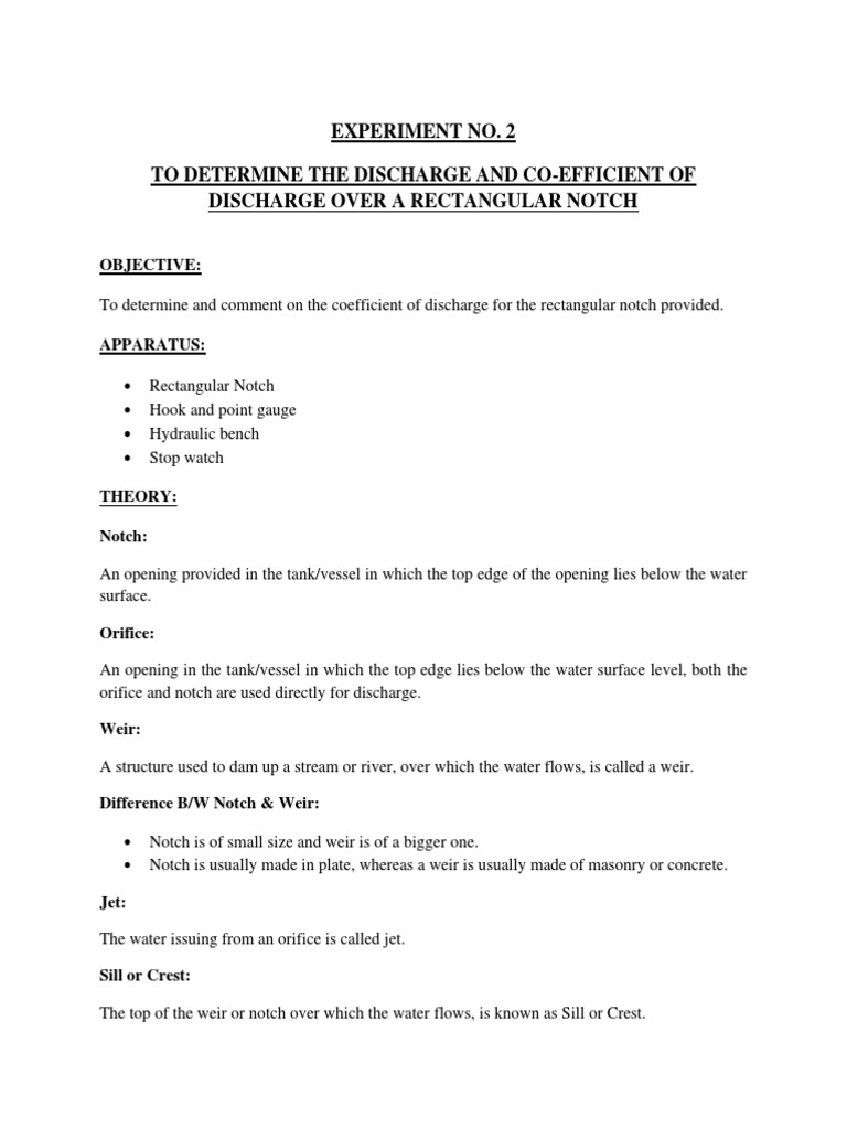Experiment No 2 To Determine The Discharge And Co Efficient Of Discharge Over A Rectangular