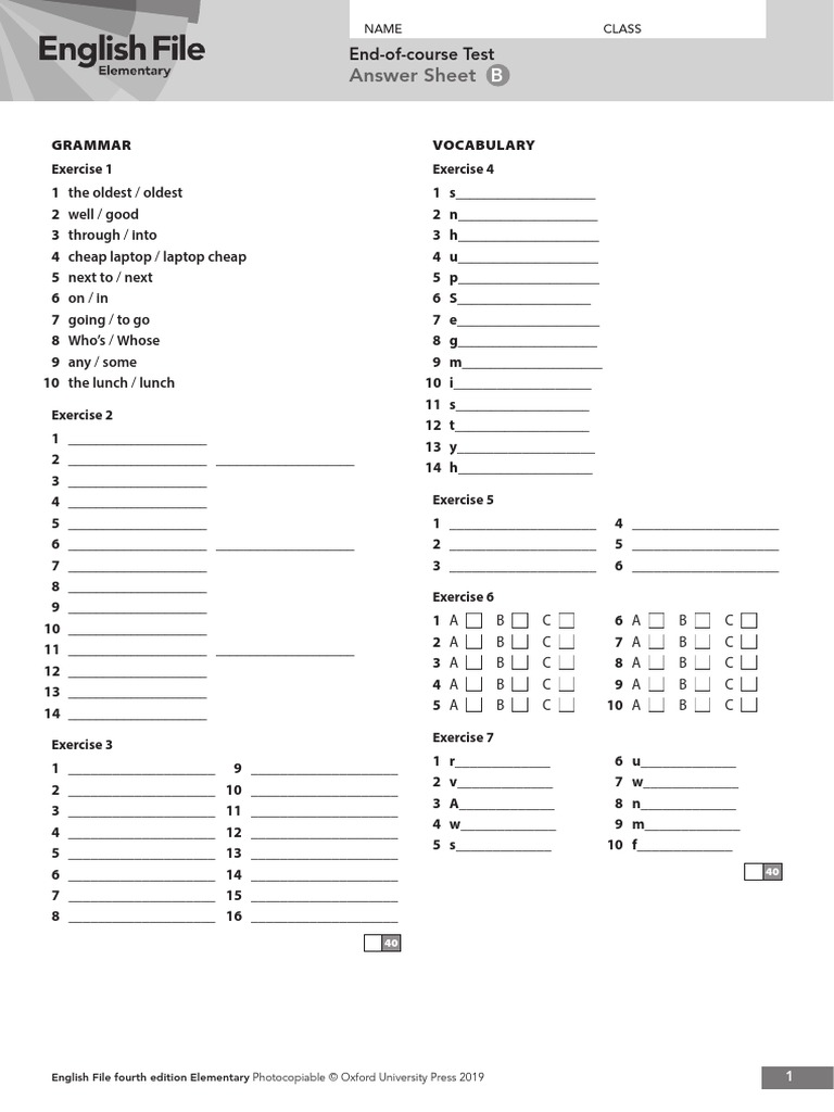 EF4e Elem End of Course Test B Answer Sheet PDF | PDF | Semiotics ...