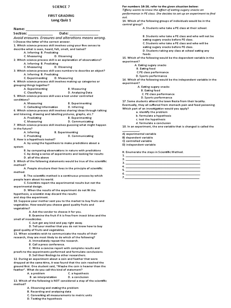 Science 7 First Grading Quiz Guide | PDF | Scientific Method | Experiment