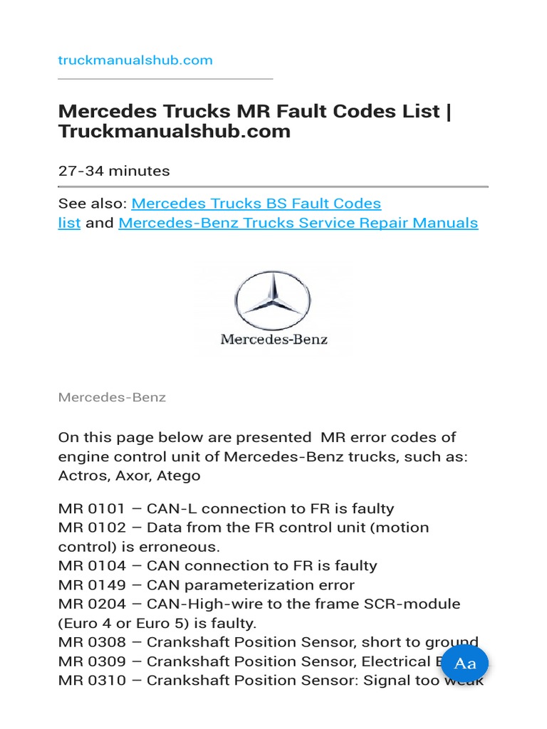 Mercedes Trucks MR Fault Codes List Truckmanualshub - Com-1 | PDF ...