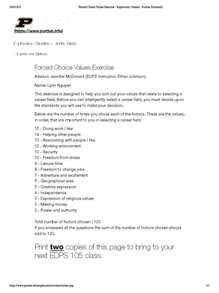 Forced Choice Values Exercise - Exploratory Studies - Purdue University ...