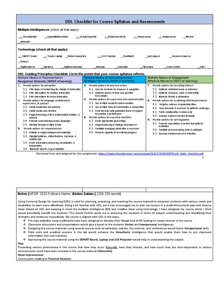 UDL Checklist For Course Syllabus and Assessments: Multiple ...