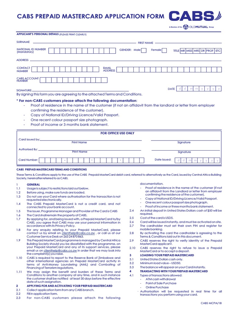 Prepaid MasterCard Application Form | PDF | Master Card | Debit Card